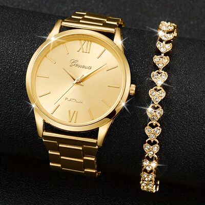 2pcs/set Golden Fashion Quatz Watch Business malist Steel