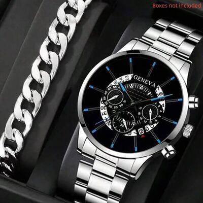 2pcs Luxuy Men Business Watch Stainless Steel Calenda Big
