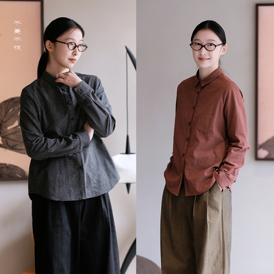 不蔓不枝【和风】棉麻衬衫黑白格子开衫宽松长袖上衣百搭文艺春季