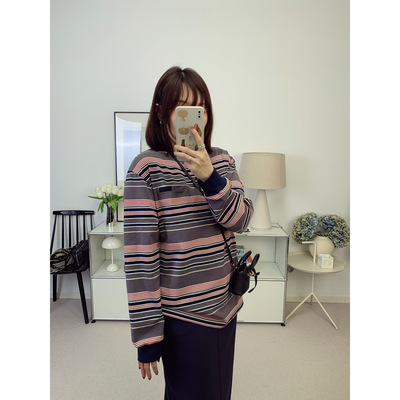 miu风格灰色粉条纹贴袋宽松长袖T恤26春夏新款【鸬鹚】