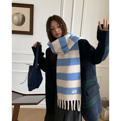 Carrier 双色横条纹～韩版流苏拼色围巾男女冬季加厚保暖软糯围脖