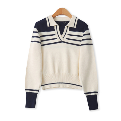 拼色软糯毛衣 春秋新款女装时尚减龄polo领套头长袖撞色毛衣33117