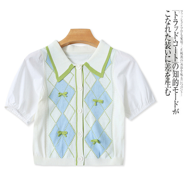 针织拼接小衫翻领单排扣泡泡短袖