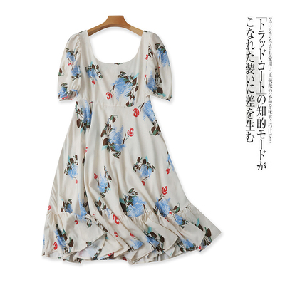 圆领套头短袖复古印花中长裙