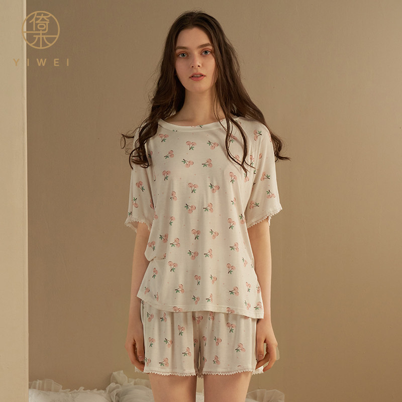 倚未YOLOO春夏满印樱桃莫代尔短袖短裤睡衣休闲家居服套装可外穿