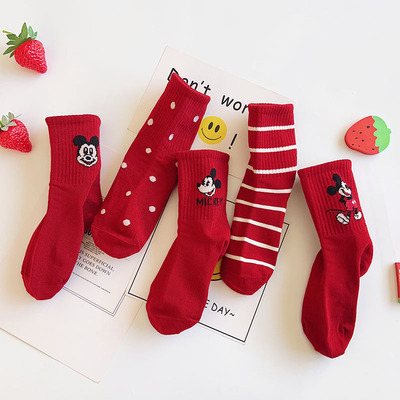 爱嘀嗒儿童红袜子秋冬季精梳棉卡通可爱本命年男女童中高筒新年袜