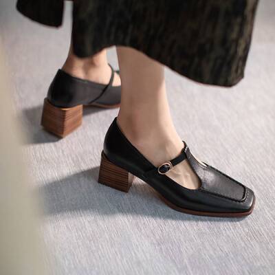 清仓断码处理方头粗跟牛皮玛丽珍女鞋TX03-14