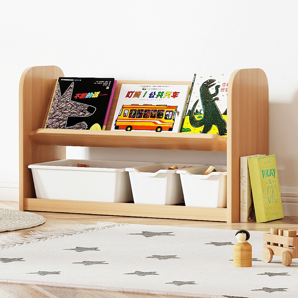 儿童书柜置物架落地翻转书架置物架书柜实木小学生书架儿童书架_虎窝淘