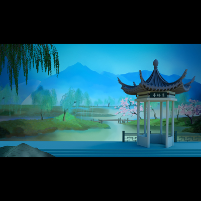 梁祝草桥亭亭子荷塘柳树桃花树河水手绘山水高清LED大屏幕舞台图