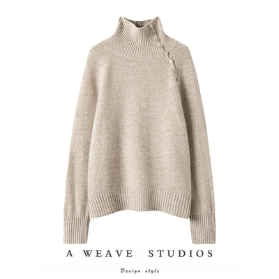 松慵懒针织高领侧开襟套衫