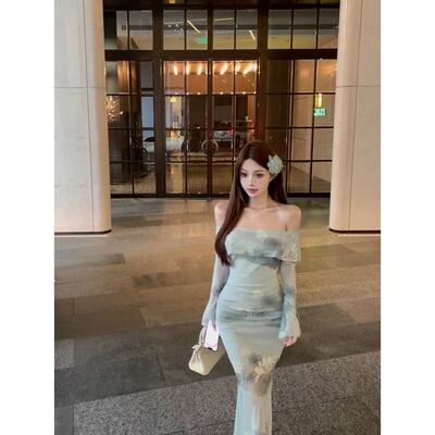 一字肩网纱碎花喇叭袖连衣裙女春秋性感纯欲鱼尾裙修身收腰长裙子