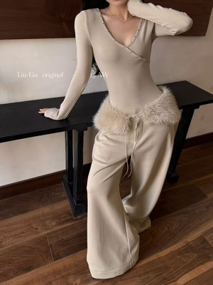 Liu-Liu正版2025冬季新款韩版洋气百搭宽松阔腿加绒休闲裤(配腰封