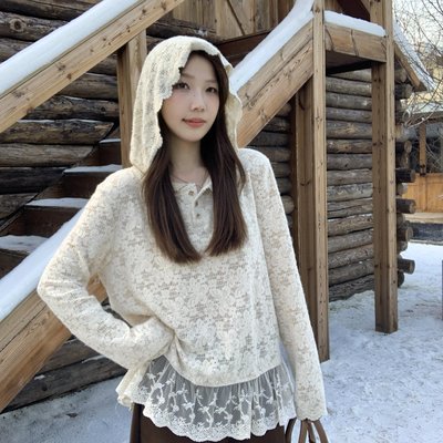 实拍大码韩版设计感连帽镂空蕾丝衫秋冬法式时尚打底衫上衣6093