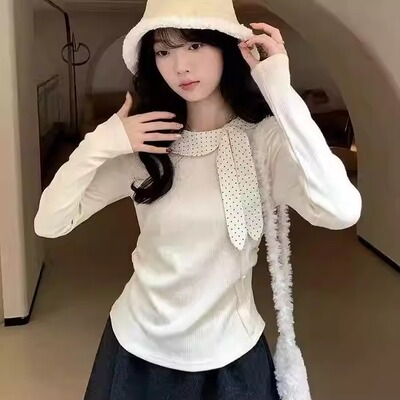 韩系波点撞色蝴蝶结T恤女