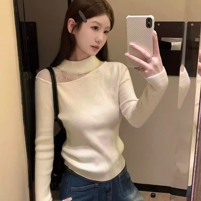 法式蕾丝拼接修身打底衫女
