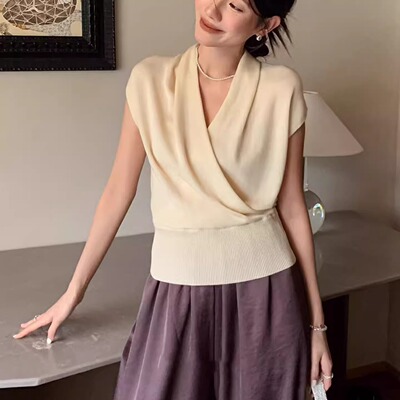简约名媛交叉V领收腰气质上衣女