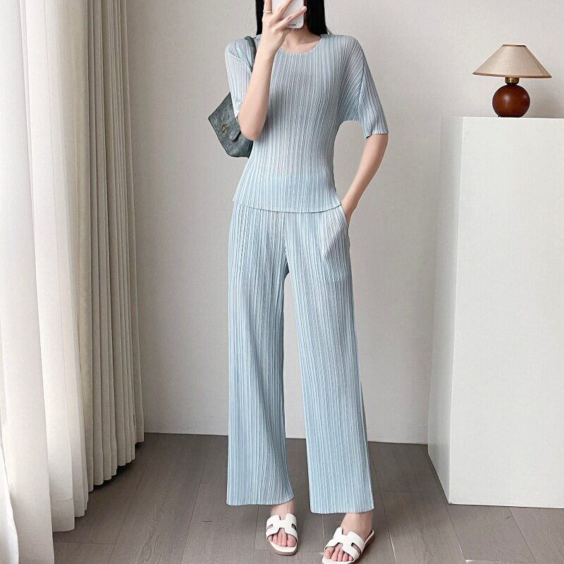 2026夏季三宅风褶皱套装女纯色短袖T恤显瘦直筒阔腿裤两件套现货