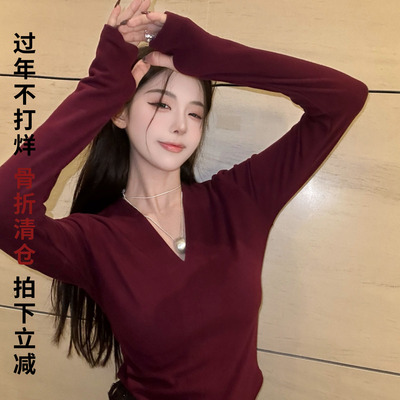 利达NEWDADA打底衫女V领秋冬加绒长袖t恤正肩纯欲内搭上衣TDK2767