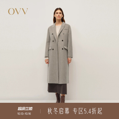 OVV秋冬热卖女装羊毛混纺戗驳领复古双排扣长大衣