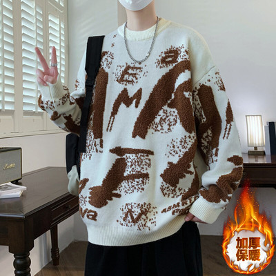 美式Tomboy翻领提花加厚毛衣男