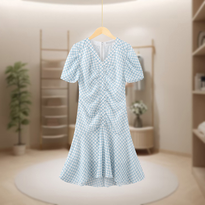 【MB】时尚格子连衣裙个性百搭女式短袖小个子V领显瘦MB1671