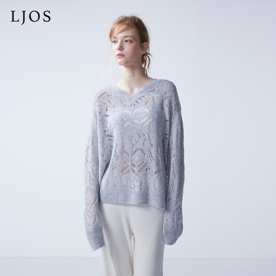 LJOS｜冰山灰V领镂空亮片羊绒毛衣2025早秋灰色针织长袖上衣