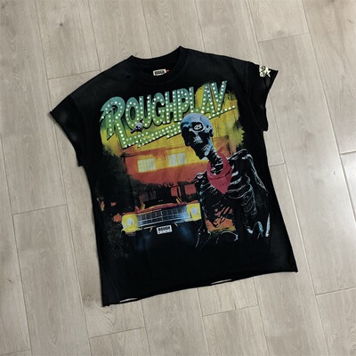 RoughPlay T-Shirt 26美式复古做旧水洗印花logo青年男女破洞背心