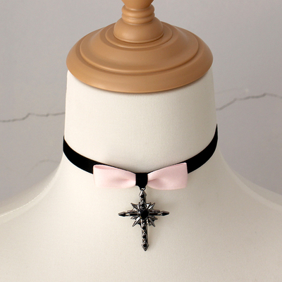 星芒十字架黑粉蝴蝶结项链锁骨链颈饰choker同款cos暗黑萝莉puppy