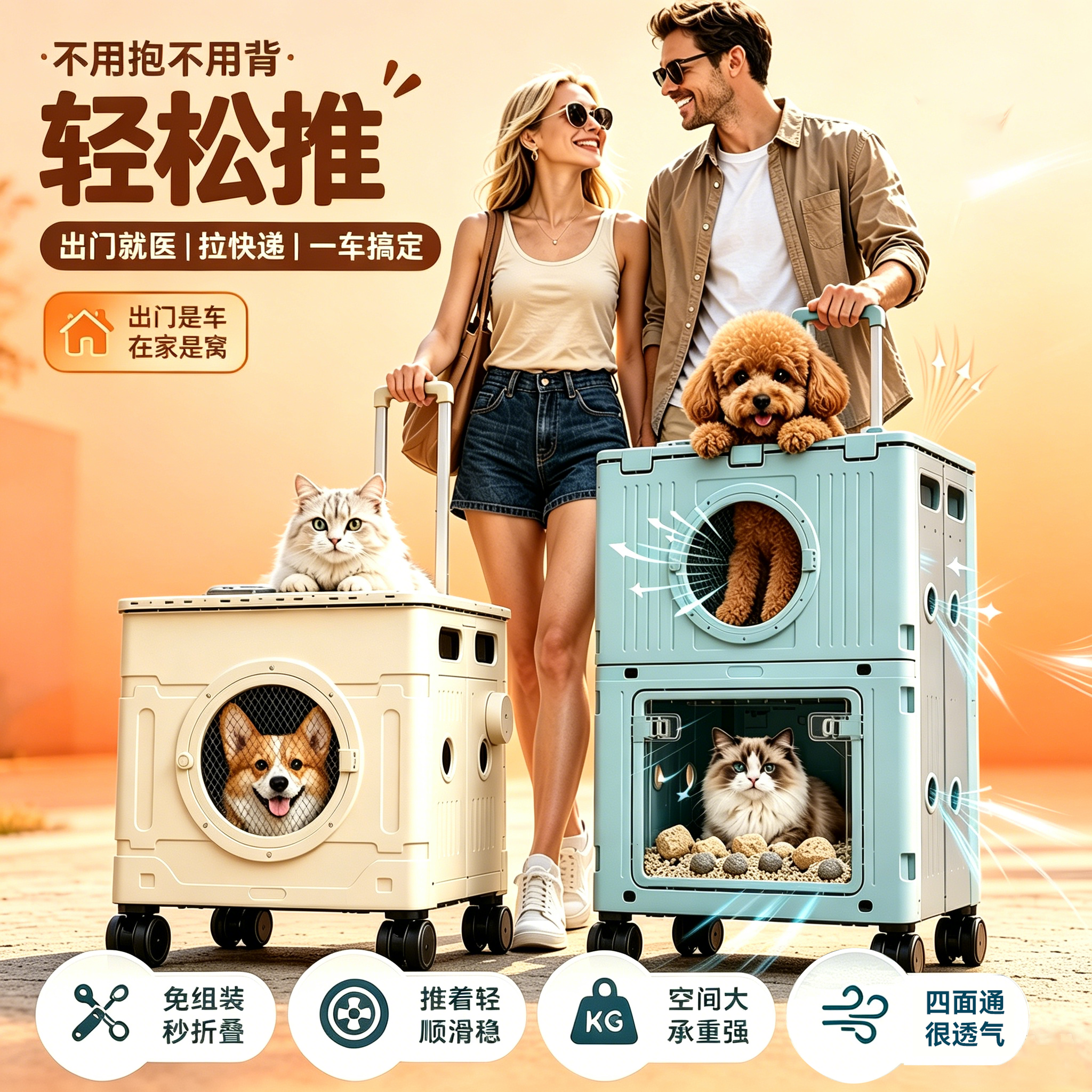 双层航空箱猫咪专用超大容量猫包外出便携折叠推车宠物拉杆行李箱