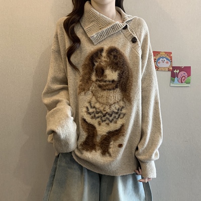 胖MM慵懒风针织衫设计感斜领小狗印花女秋冬新款气质显瘦百搭毛衣