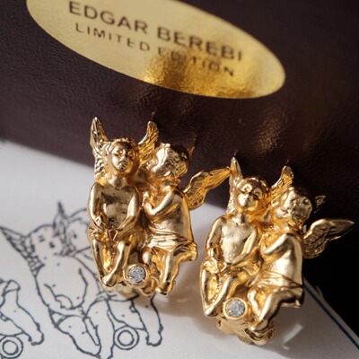 Vintage古董首饰Edgar Berebi金色天使水晶耳夹带原盒卡片