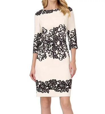 外贸单AD家时尚高货女优雅气质蕾丝拼接圆领七分袖修身显瘦连衣裙