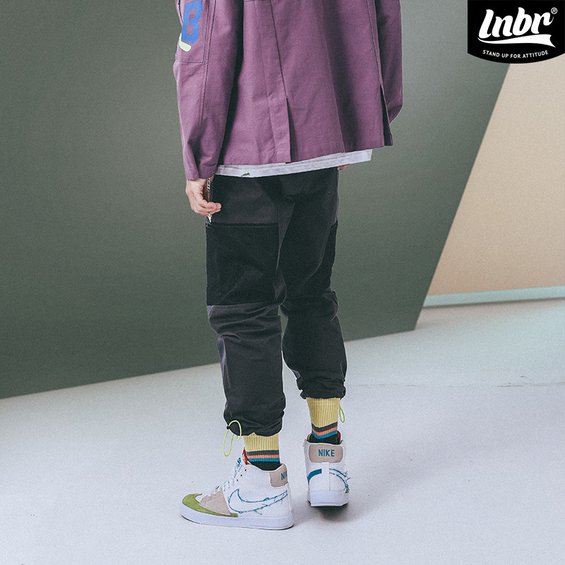 LNBR抽绳收脚休闲长裤国朝拼色休闲百搭宽松街头运动工装裤_虎窝淘
