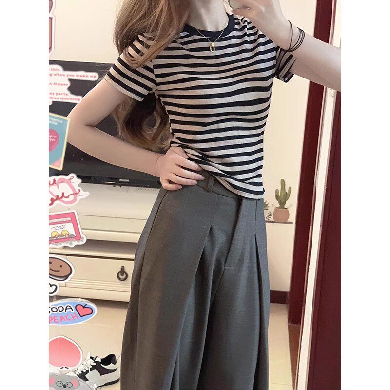 欧美式正肩条纹短款短袖T恤女夏季修身纯棉体恤辣辣显瘦半袖上衣