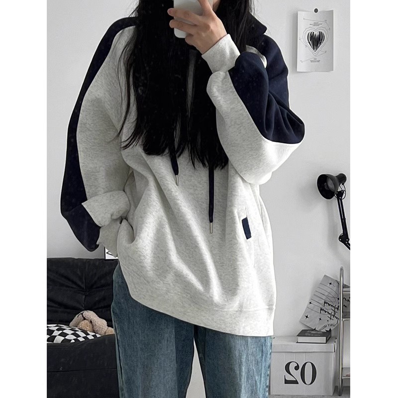 美式穿搭薄款运动卫衣女春秋oversize拼色宽松学生棒球服连帽外套