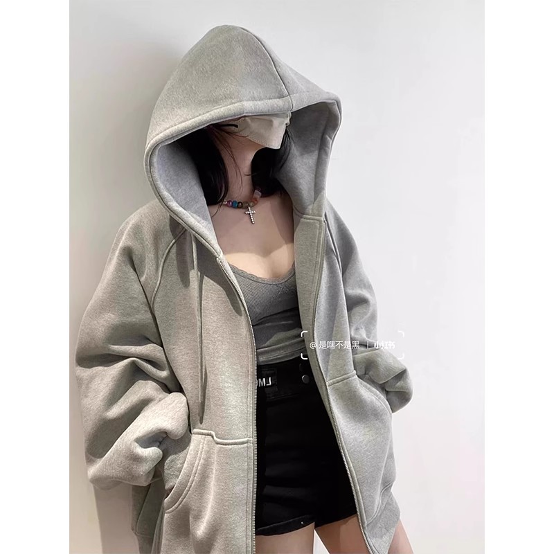 美式穿搭薄款卫衣女春秋新款oversize连帽棒球服拉链开衫大码外套