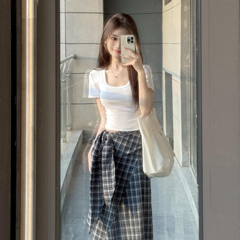 时尚美式正肩方领纯棉短袖T恤女夏辣妹短款修身显瘦百搭上衣服
