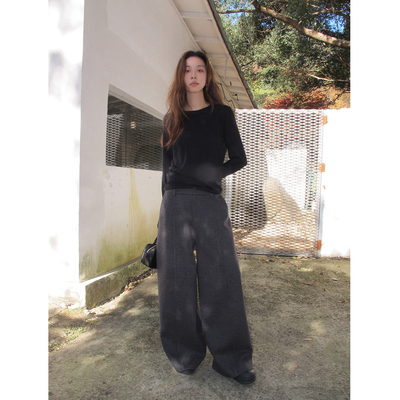 SIXI四喜家 步履弧光 弯刀休闲廓形毛呢西裤女秋冬阔腿裤杨桃裤