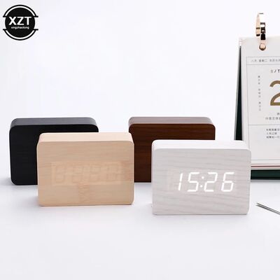 Fashion Alarm Clock LED Wooden Watch Table Voice Control Dig