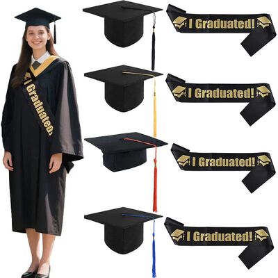1/2Pcs Class Of Black Golden Satin Sash Bachelor Cap With Ta