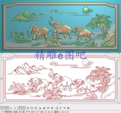 祥云斜阳精雕图山水大象芭蕉树灰度精品吉象沙发大背板横837x342