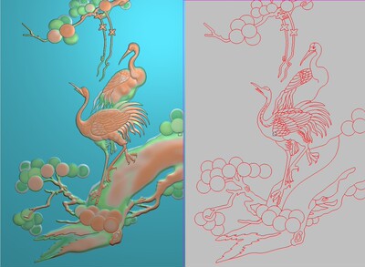 精雕图檀雕松鹤椅靠背灰度花鸟浮雕图精品松鹤门板竖双鹤297x436