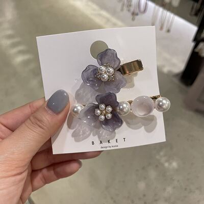 6.24韩国直播baket发饰新款精致渐变立体珍珠花朵发夹边夹套装