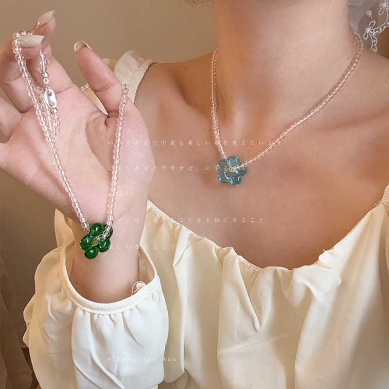 清新百搭彩色琉璃花朵串珠项链女小众高级感时尚气质颈链锁骨链