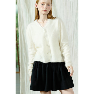 En blanc.ligne crème原创设计白色拼欧根纱花边长绒开衫