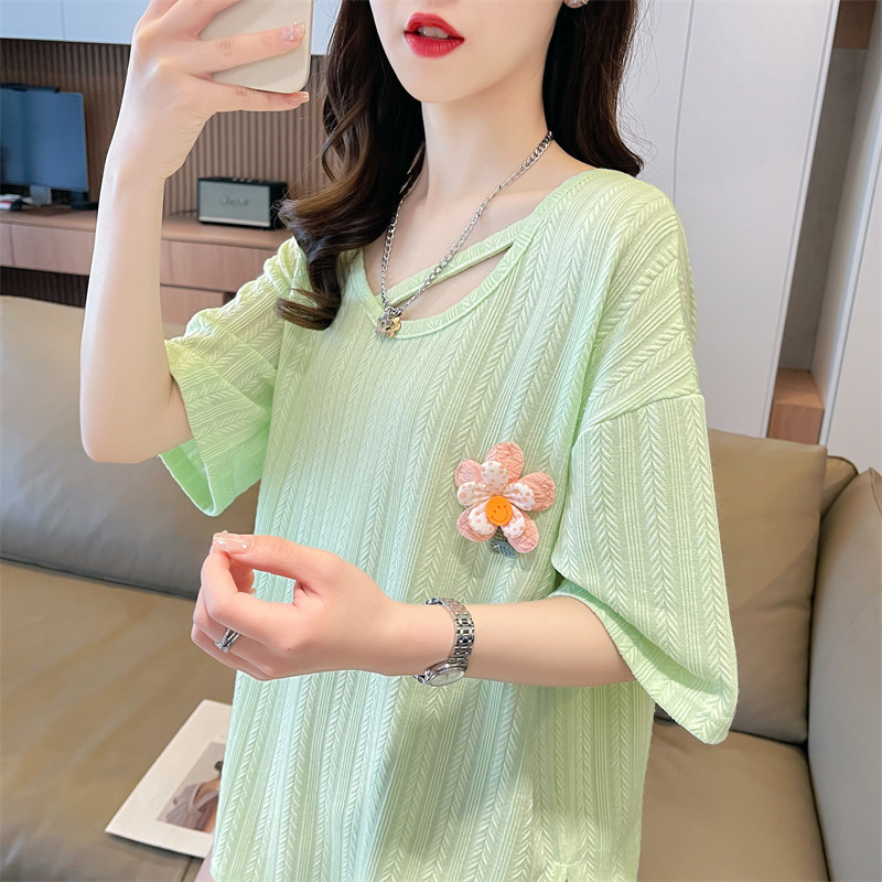 小众设计感短袖t恤女夏季韩版宽松大码女装小心机u领不规则上衣服