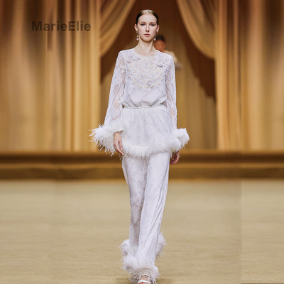 轻奢羽毛阔腿裤显瘦两件套