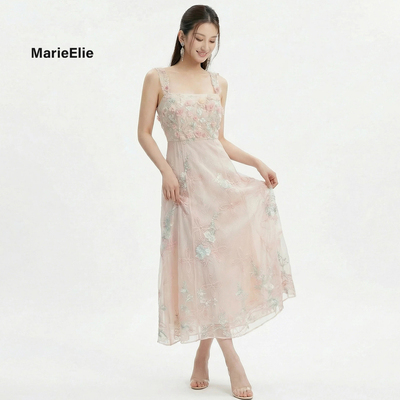 法式轻奢刺绣吊带中长连衣裙