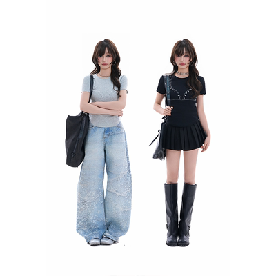 kk soul美式辣妹个性烫钻正肩短袖T恤女夏季修身显瘦短款圆领上衣