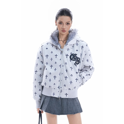 kk soul美式复古麂小熊耳朵可爱设计感保暖棉服轻亚风十字架外套